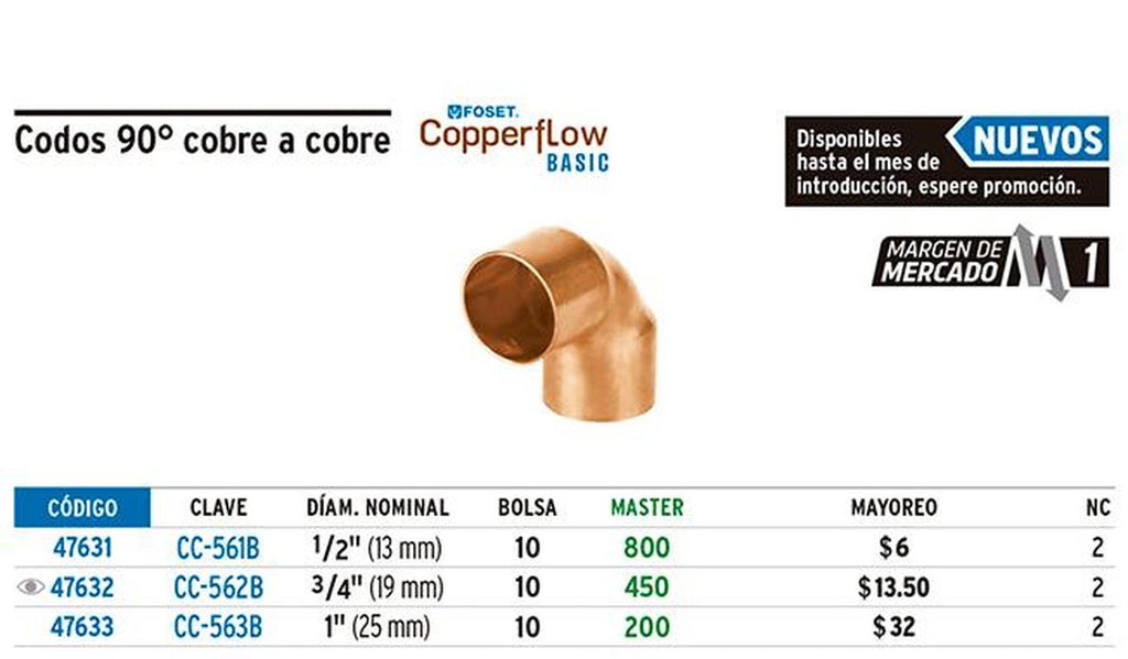 Codo de cobre 90°, 1/2', Basic Foset 47631 – FERRETERIA EL OSO