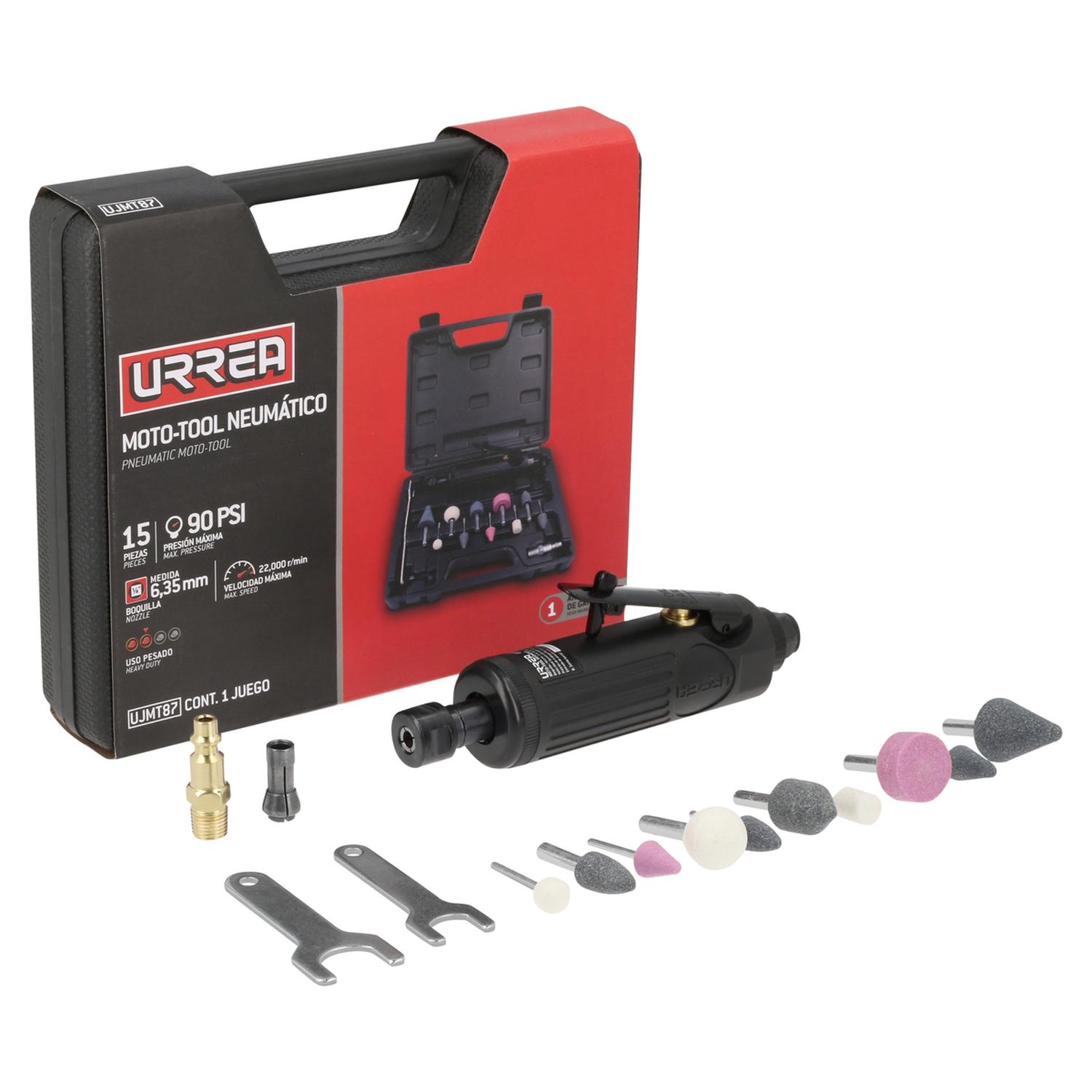 Juego de moto-tool neumático recto con accesorios, 15 piezas, Urrea UJ – FERRETERIA EL OSO