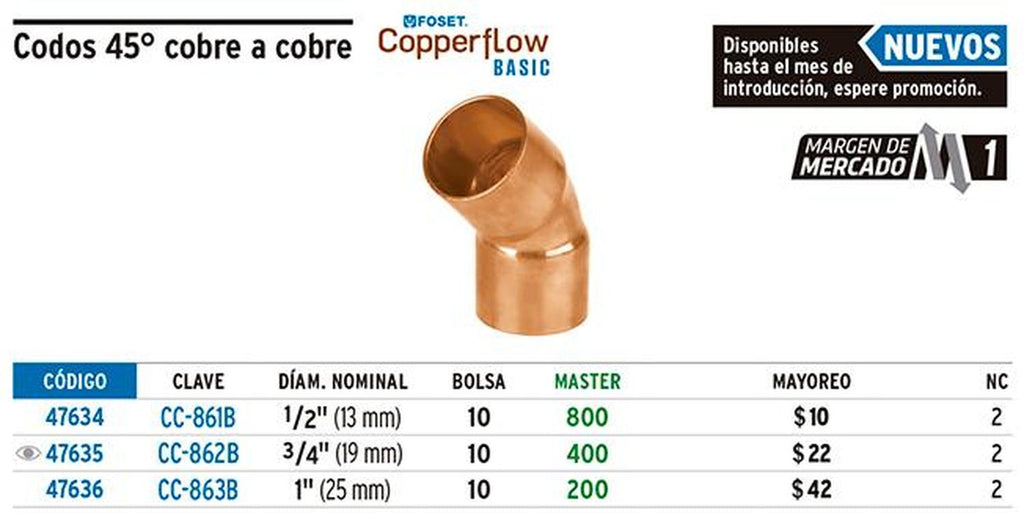 Codo de cobre 45°, 1', Basic Foset 47636 – FERRETERIA EL OSO