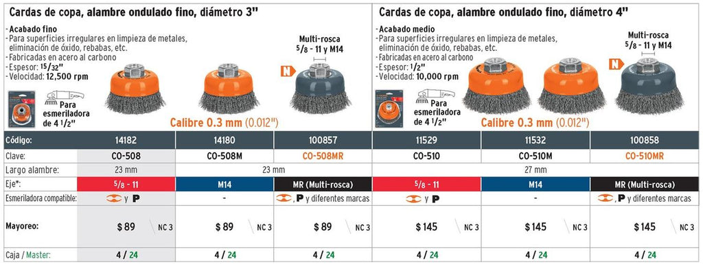 Carda de copa, alambre ondulado fino, 4', Multi rosca 100858 – FERRETERIA EL OSO