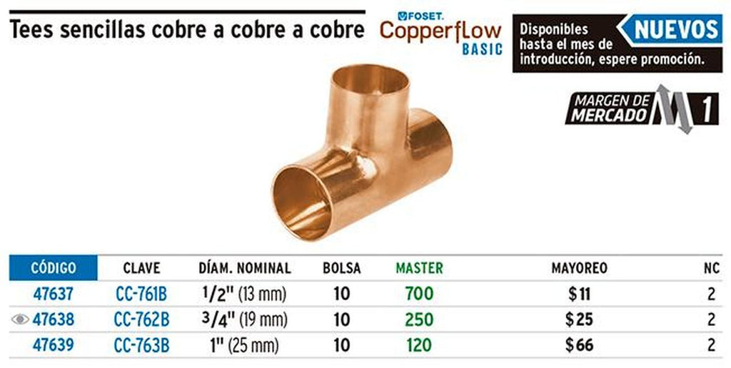 Tee de cobre sencilla, 3/4', Basic Foset 47638 – FERRETERIA EL OSO
